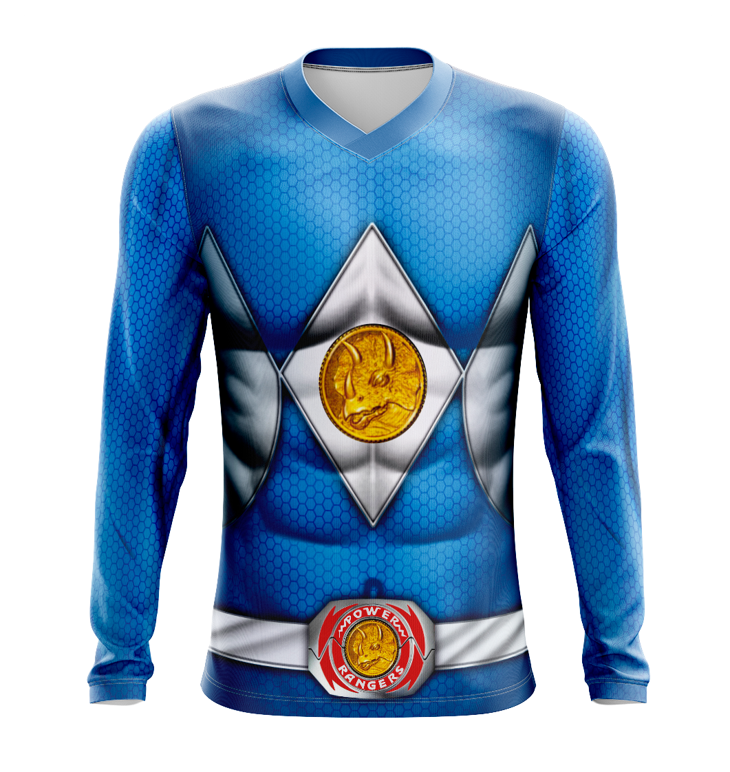 Camisa / Camiseta Power Rangers Mighty Morphin Ranger Azul - Manga Lon